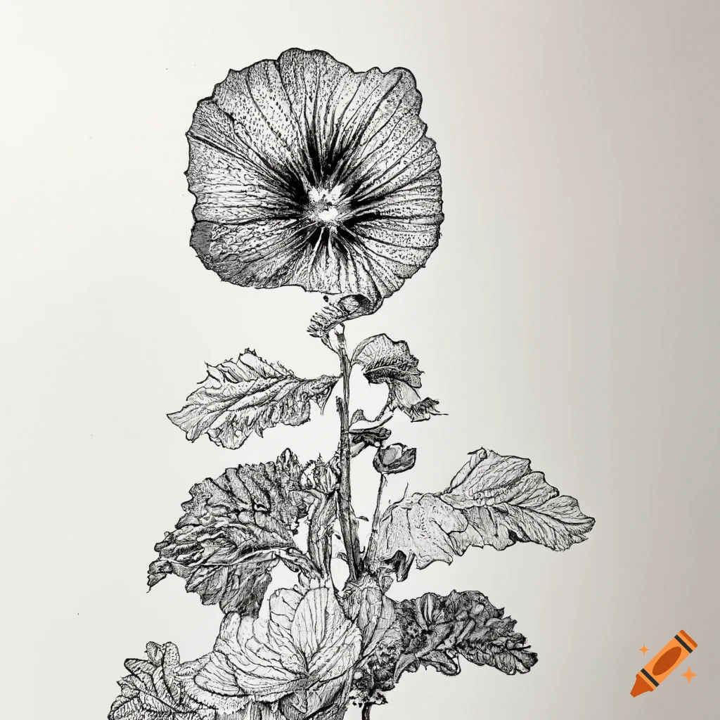 Botanical drawing of blooming hollyhock in nib pen and ink on Craiyon