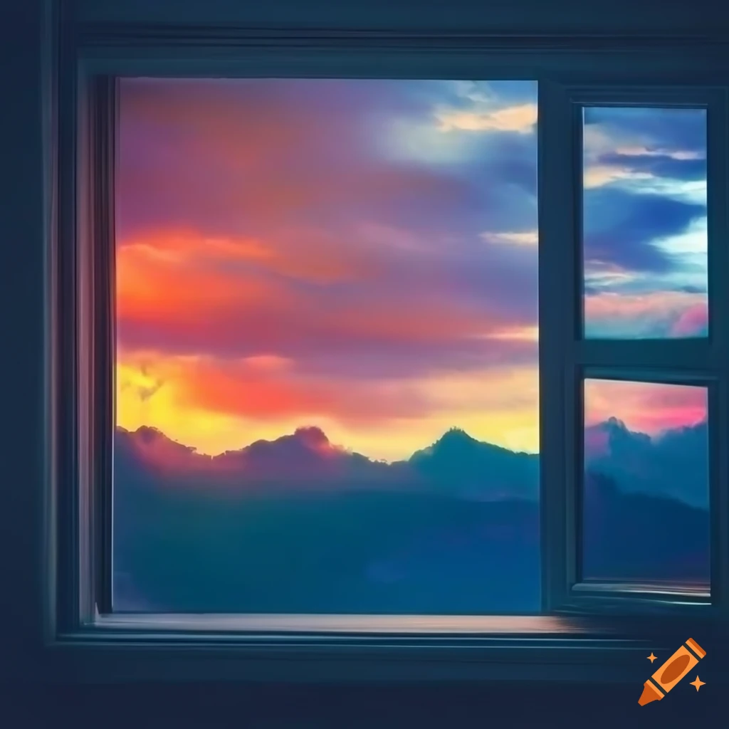 Open window with sunset view of colorful clouds and mountains in hyper ...