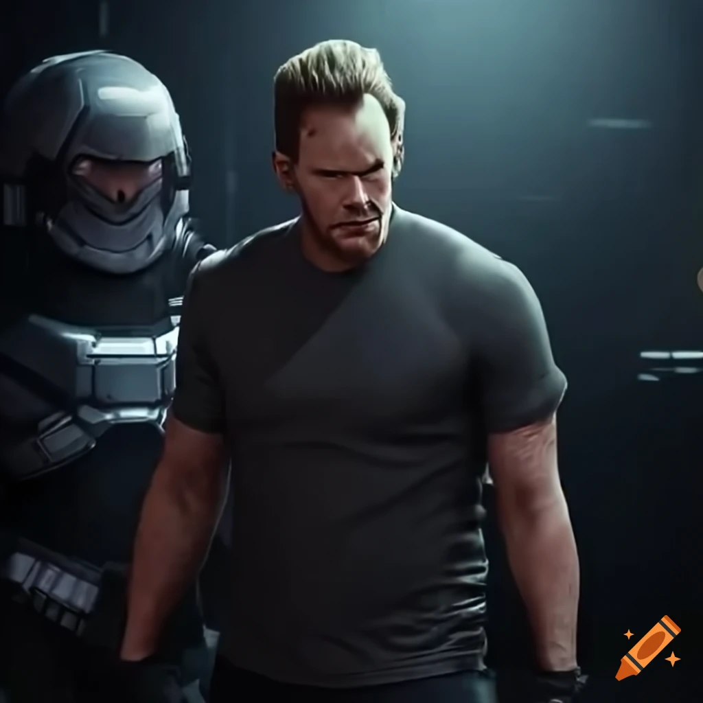 Sci-fi man in a grey t-shirt fighting with a black sci-fi shotgun in a ...