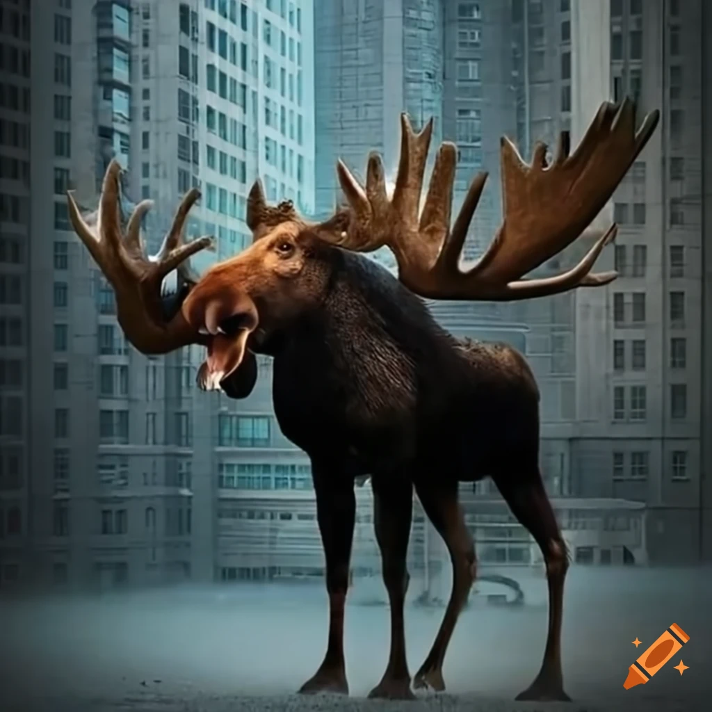 Giant moose with sharp teeth near a multi-story building on Craiyon