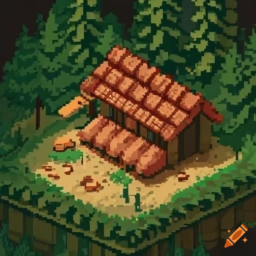 Isometric pixel art of a lumberjack hut in the woods on Craiyon