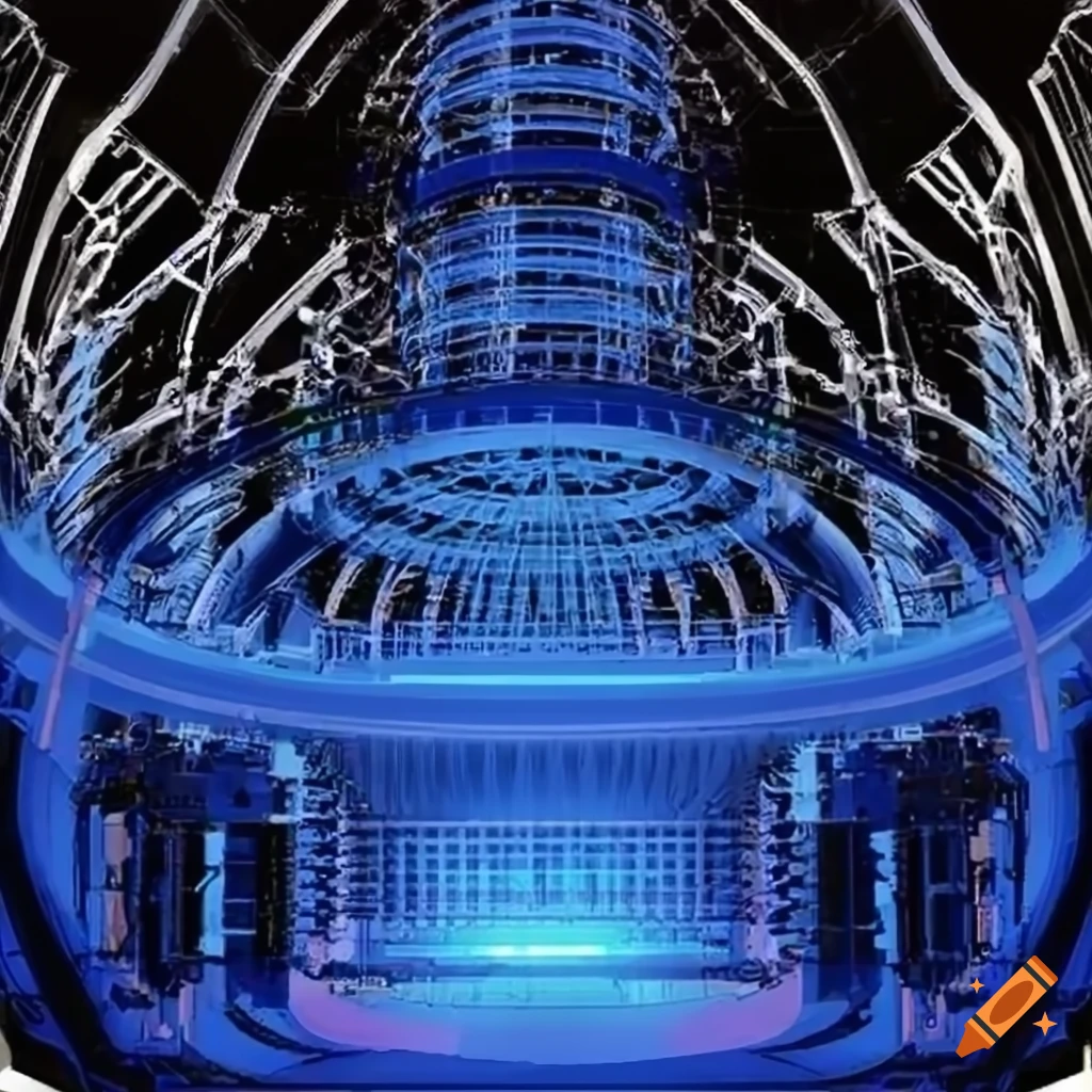 Engineering illustration of a fusion power station on Craiyon