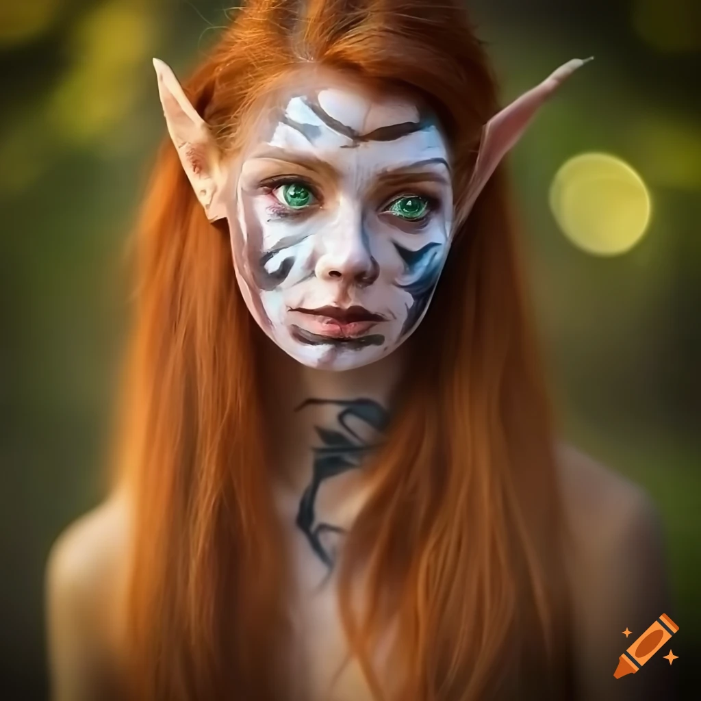 Female elf with body painting and jewelry in mystical forest with ...