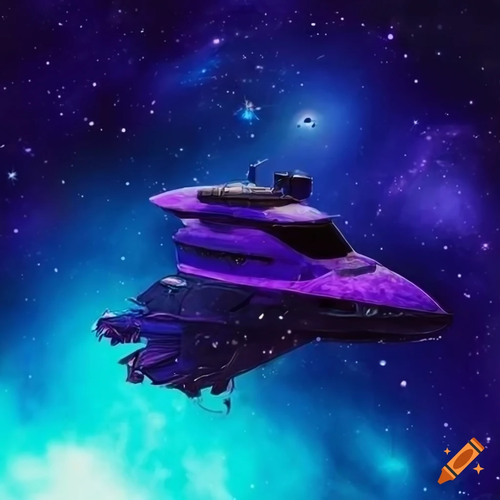 Alien yacht spaceship flying through a purple and blue galaxy on Craiyon
