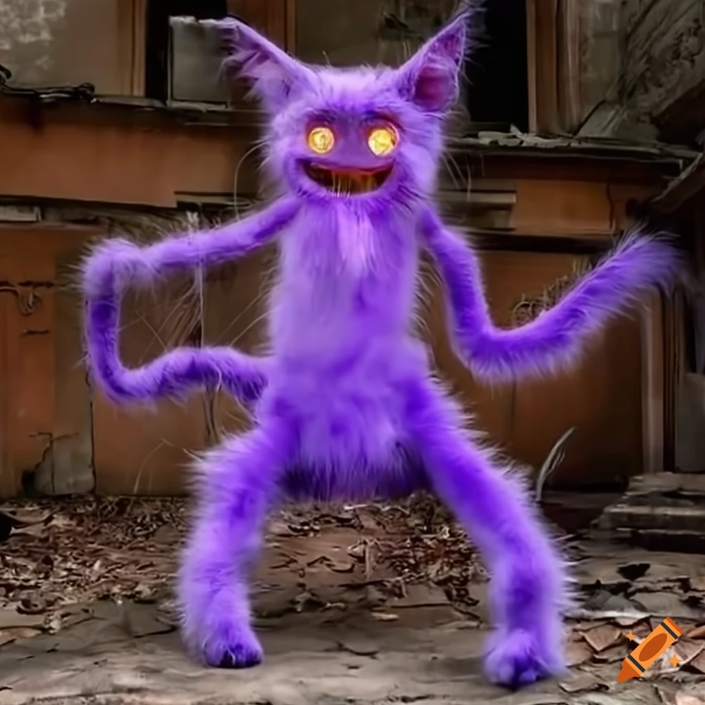 Tall lanky creepy purple furry stitched cat monster with red smoke ...