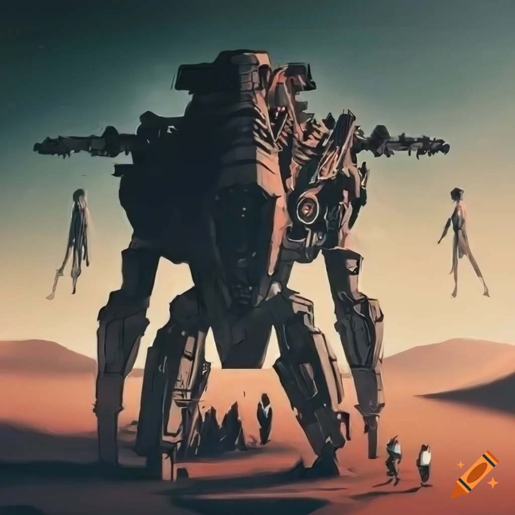 70s dark fantasy art mecha spaceship with two people in a desert ...