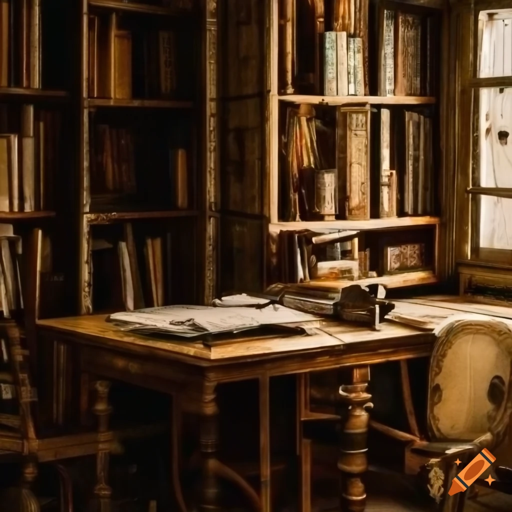 Old study with filled shelves, desks, and tall windows on Craiyon