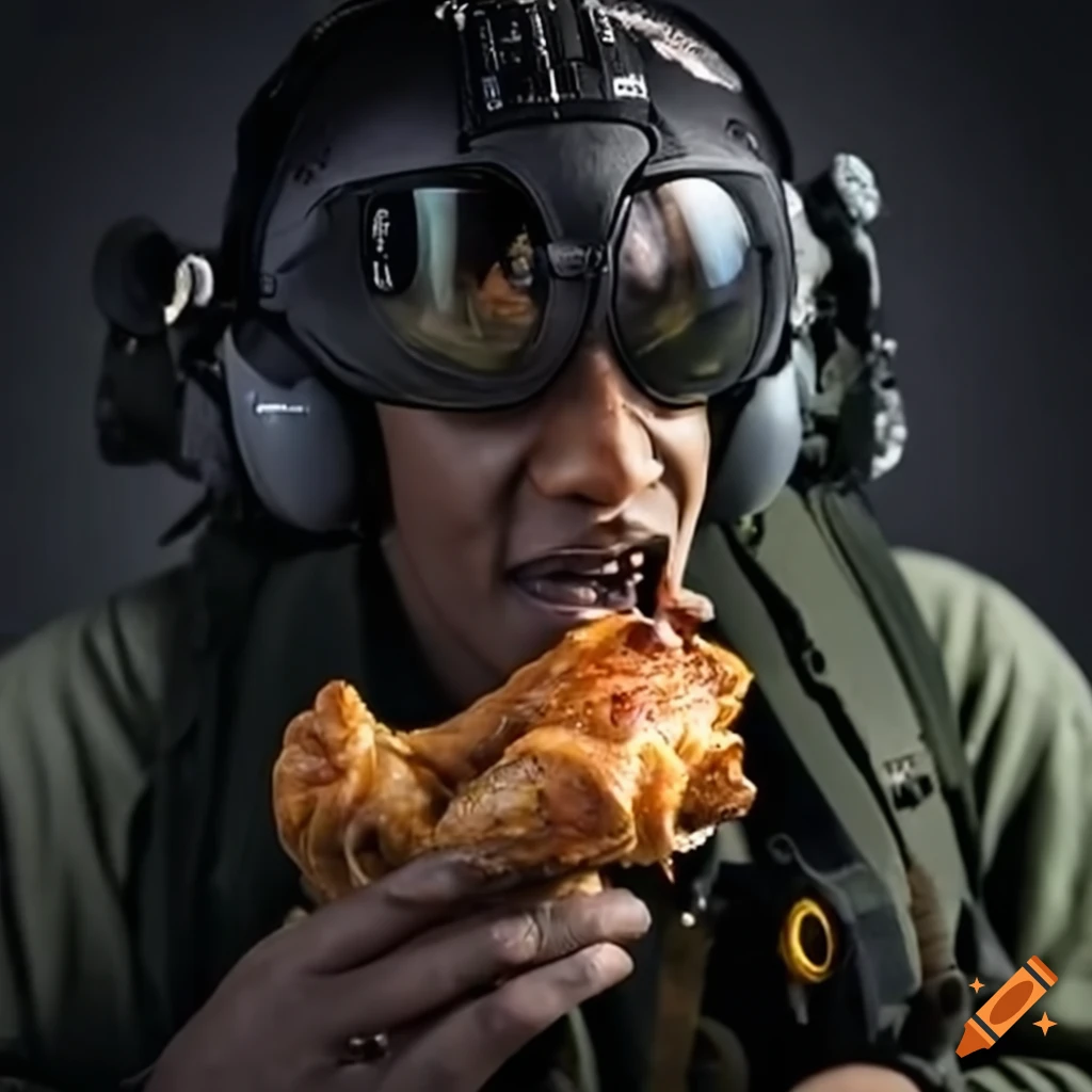 Black fighter pilot eating chicken in cockpit on Craiyon