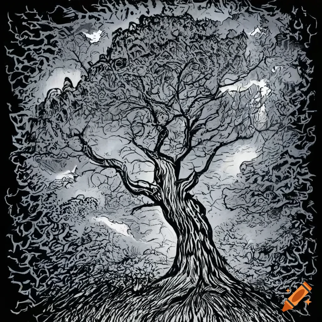 Lightning striking an oak tree in a forest under stormy clouds in ...