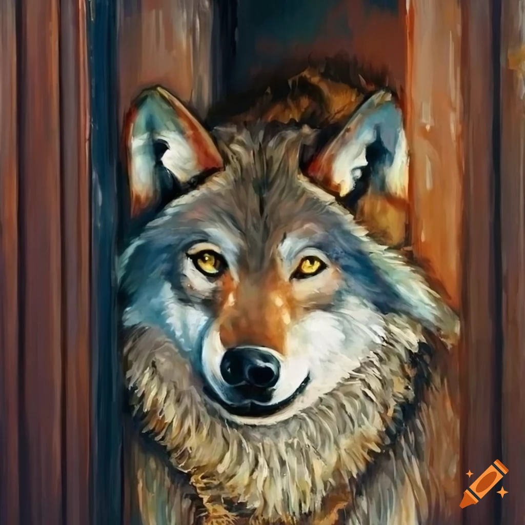 Wolf peeking from a cottage door in an oil painting on Craiyon