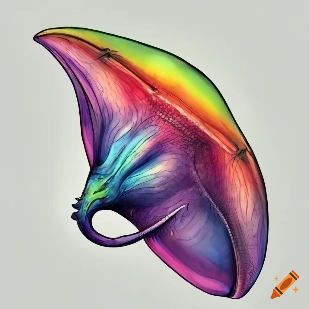 Rainbow-colored alien manta ray creature with a feathered tail in a sci ...
