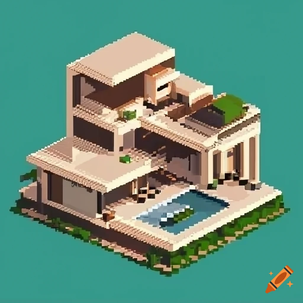 Modern luxury villa in 2D isometric pixel art style on Craiyon