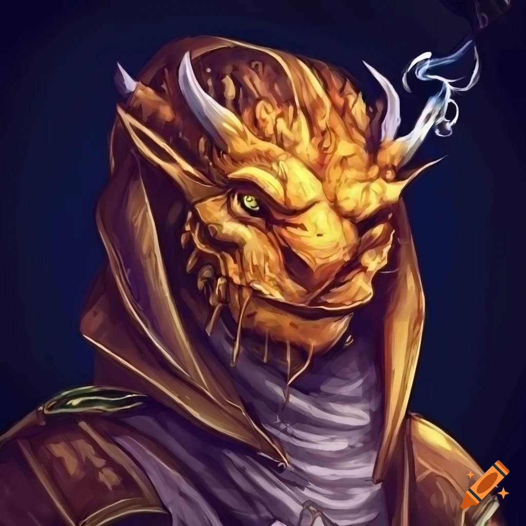 Gold dragonborn holding a sword with glowing white eyes and smoke from ...