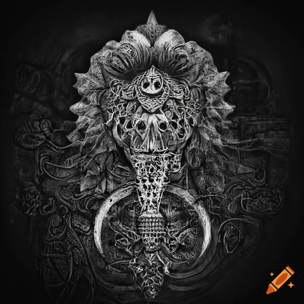 Dark and mysterious Sumerian hieroglyph sigil in black and white on Craiyon