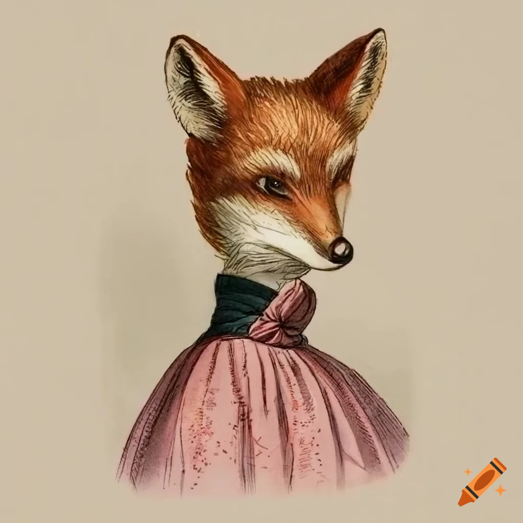 Crosshatched illustration of an anthro fox in late 19th century fashion on Craiyon