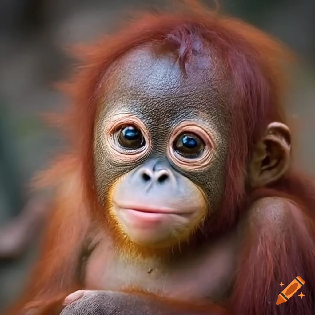 Adorable baby orangutan with sleepy eyes looking up on Craiyon