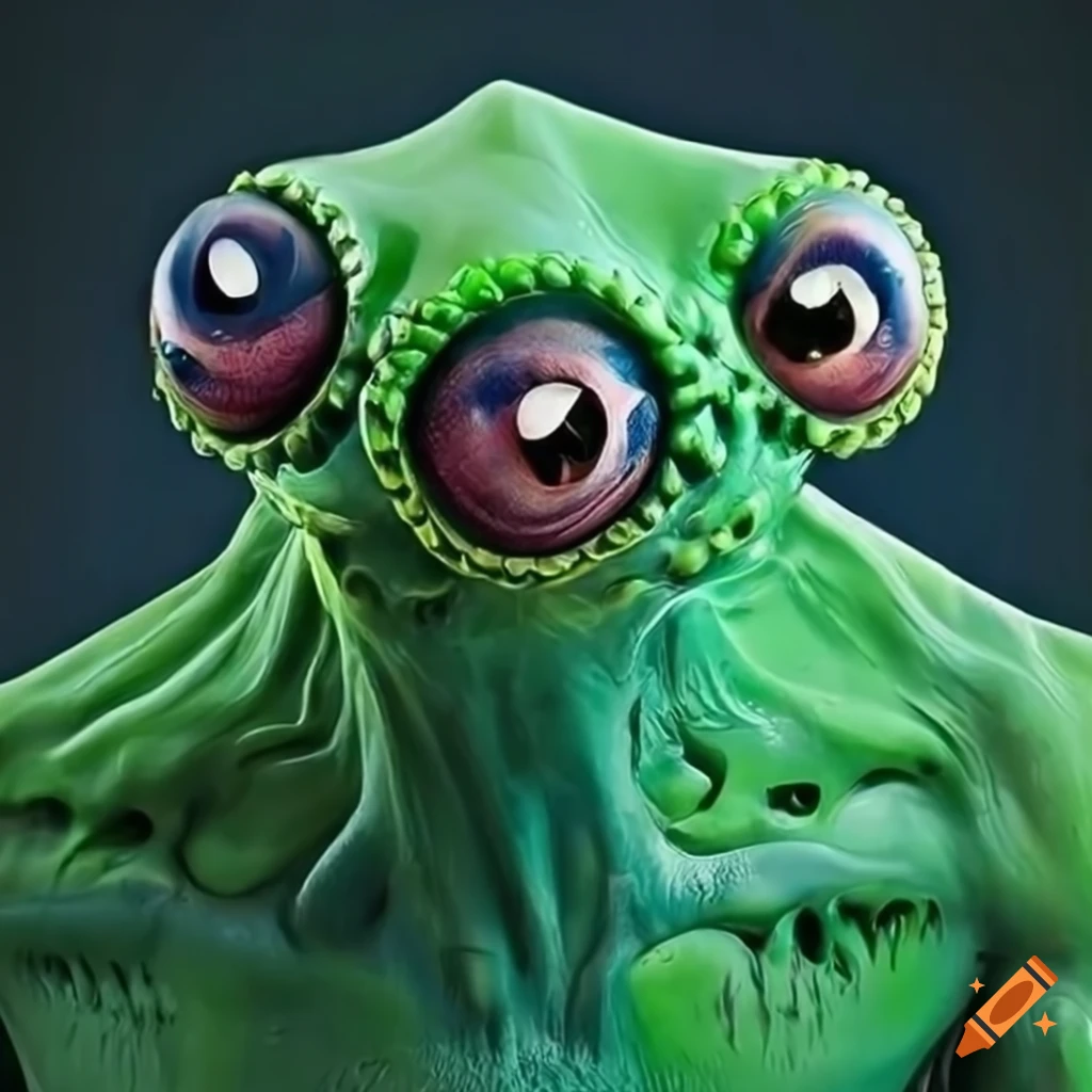 Large slim weak green monster with big legs and sharp teeth with a big ...