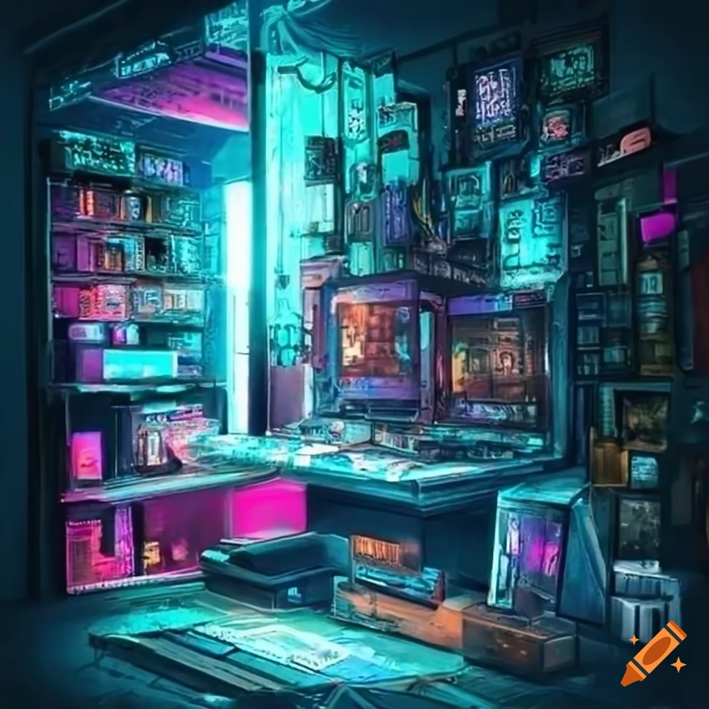 Cyberpunk store with art supplies and computer systems on Craiyon