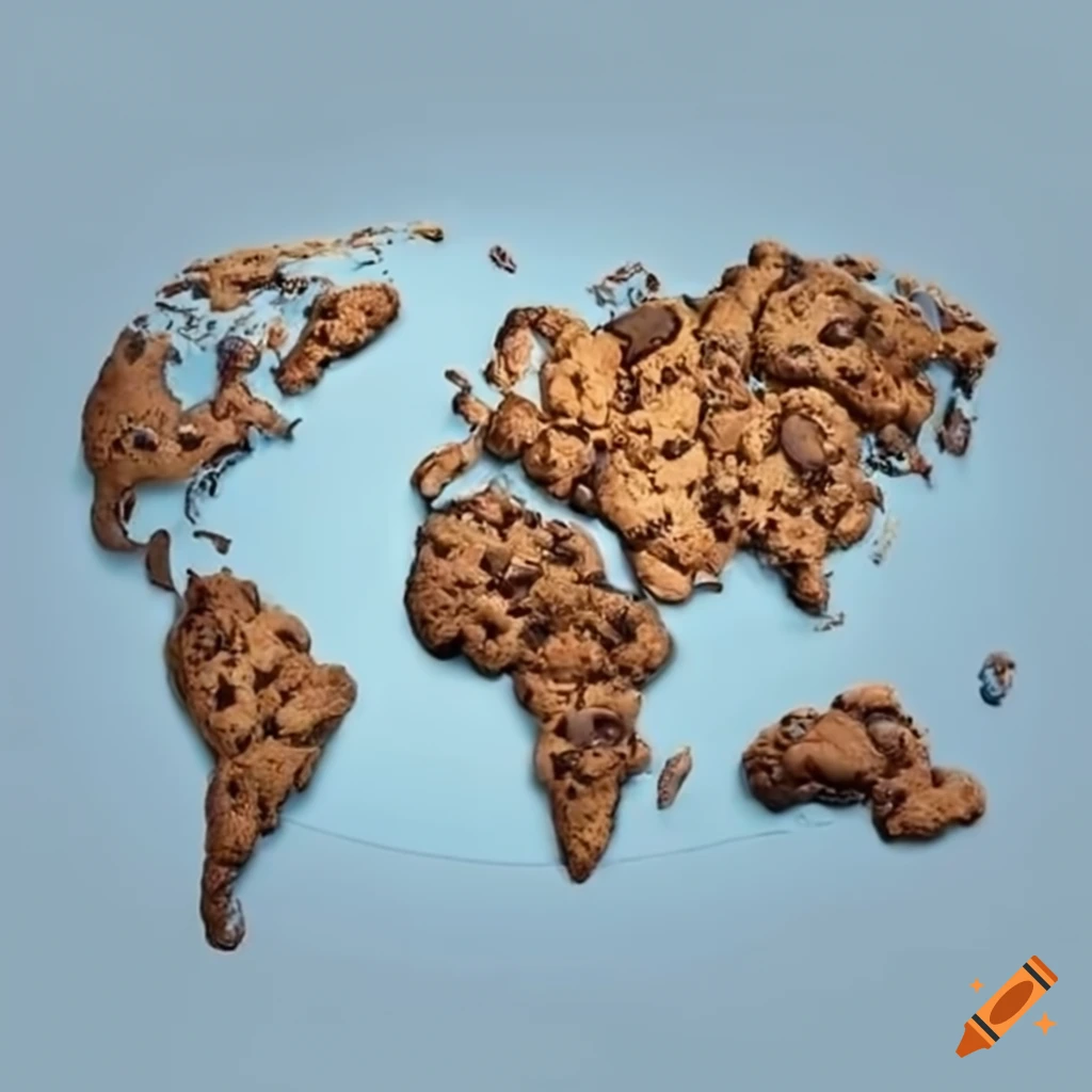 Map of the world with chocolate chip cookies as land masses on Craiyon