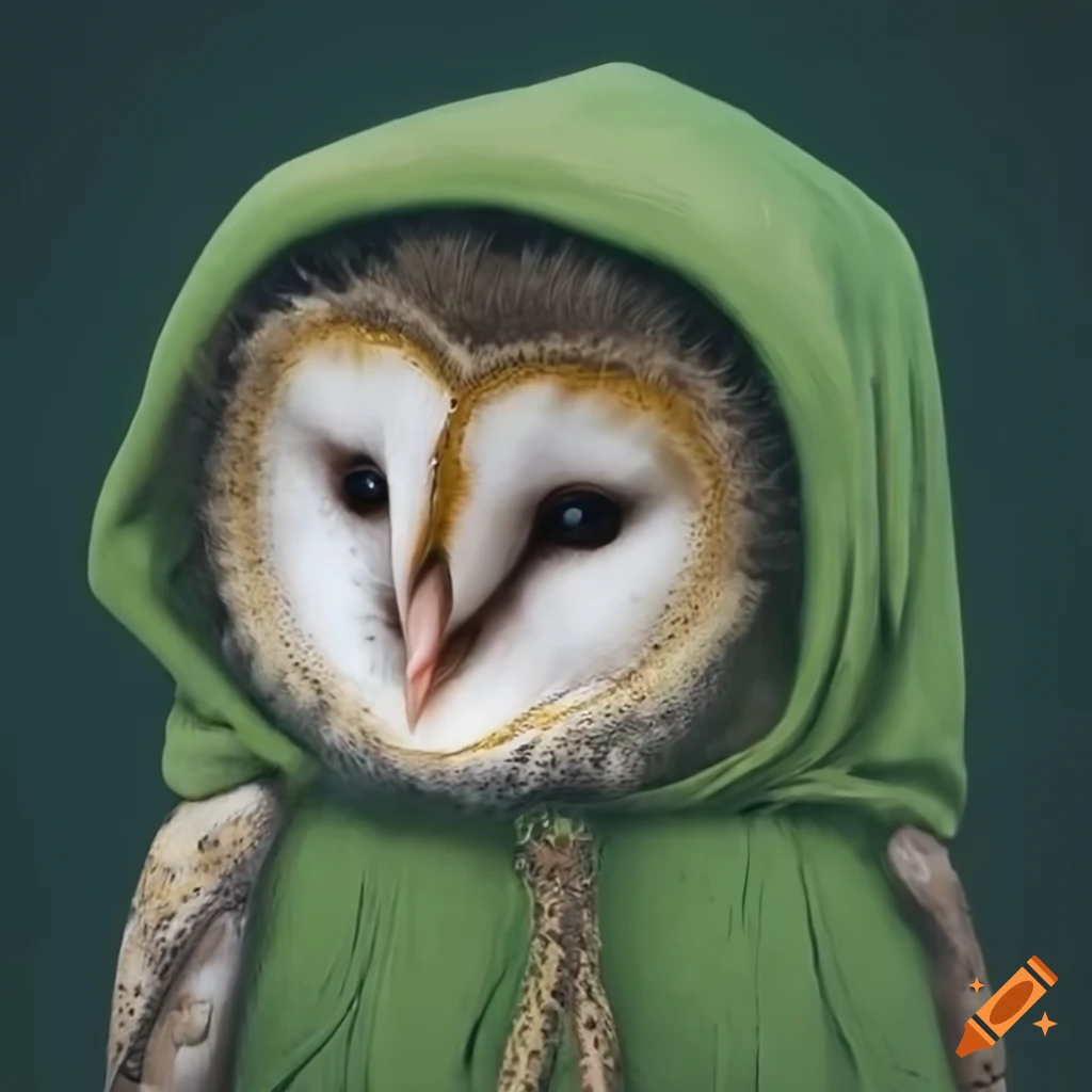 Humanoid barn owl chick with a green hood on Craiyon