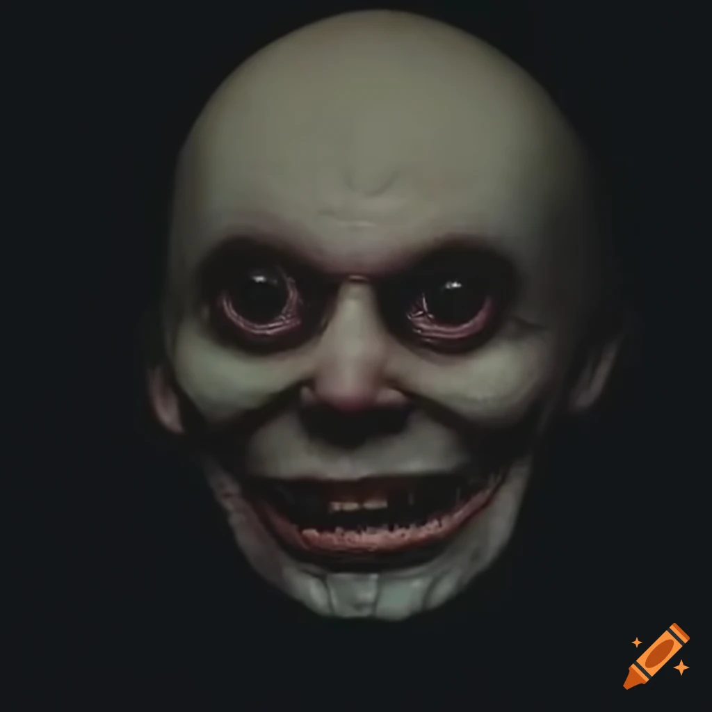 Creepy humanoid face emerging from a dark tv screen with bright eyes ...