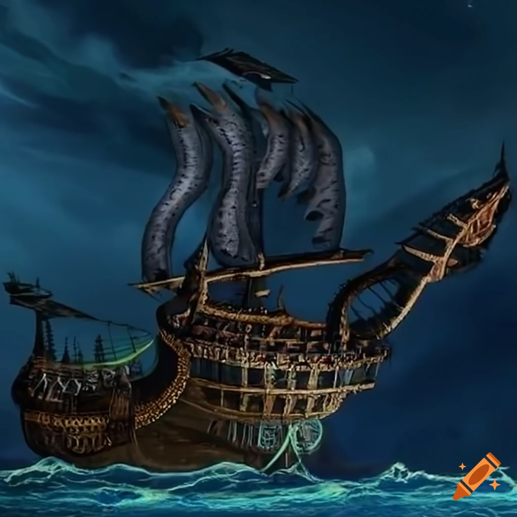 Legendary pirate ship "The Sandworm" sailing in the ocean near the Dune ...