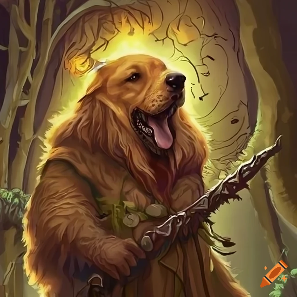 Golden retriever man druid in a fantasy Dungeons and Dragons setting on ...
