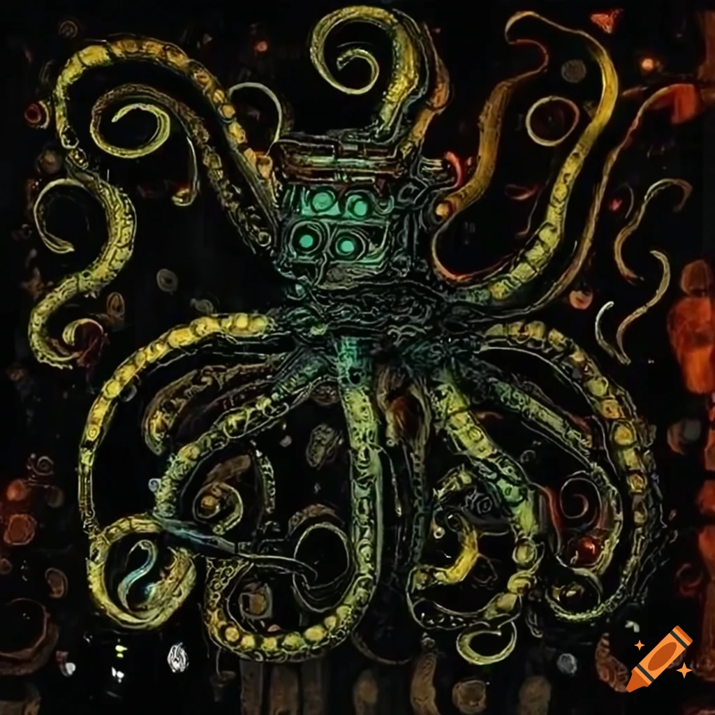 Futuristic robotic octopus reaching for stormy heavens amid ruins with ...