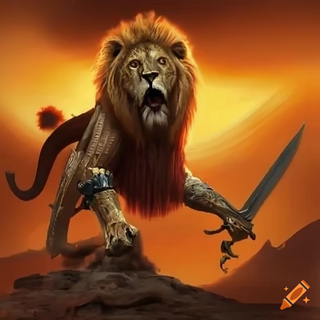 Fierce lion warrior with large serrated sword on an arid savannah on ...
