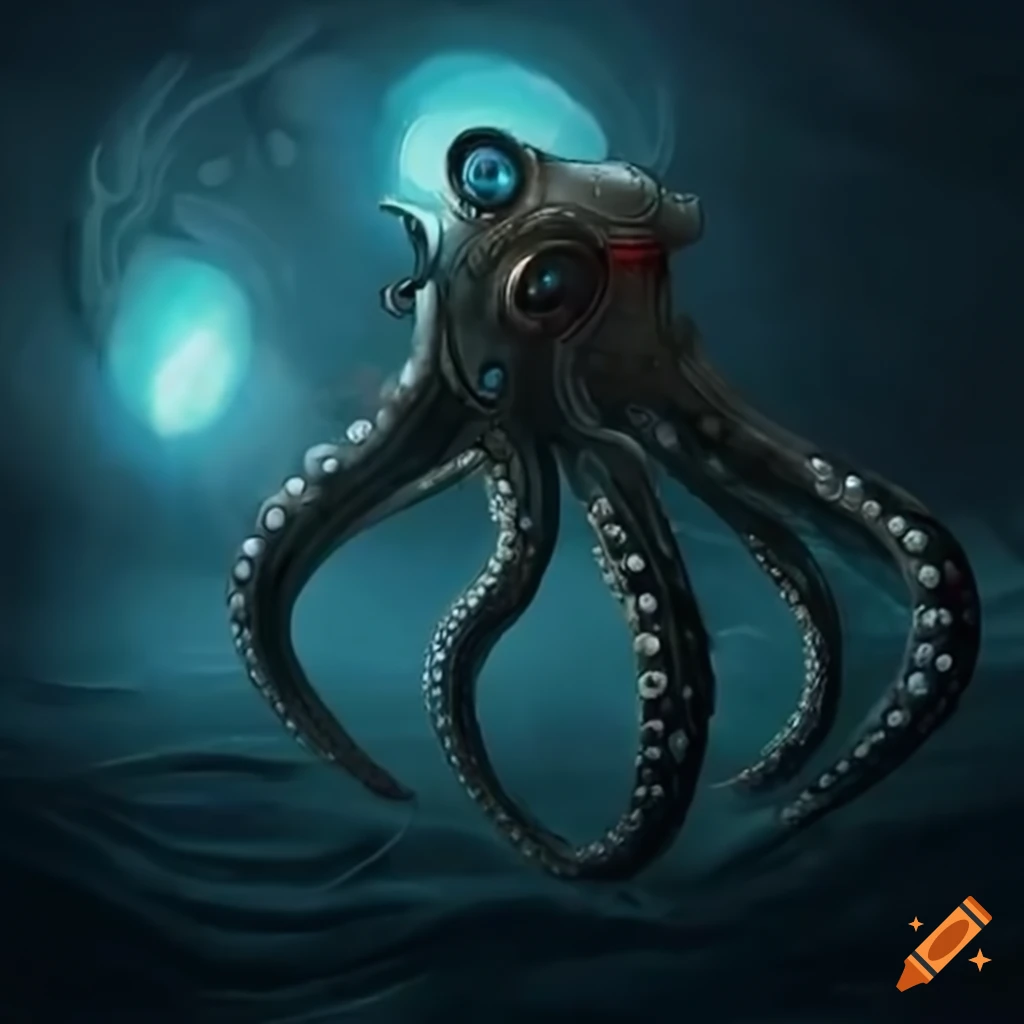 Futuristic robotic octopus reaching for stormy heavens amid ruins on ...