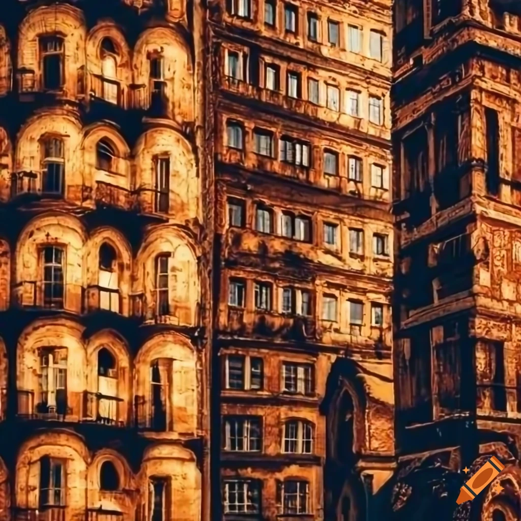 Baked bread city with crispy bread crust buildings in unique lighting ...