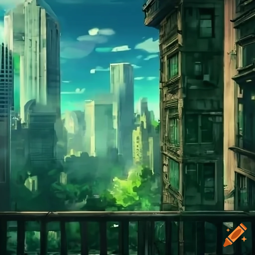 Anime post-apocalyptic green city view from balcony on Craiyon
