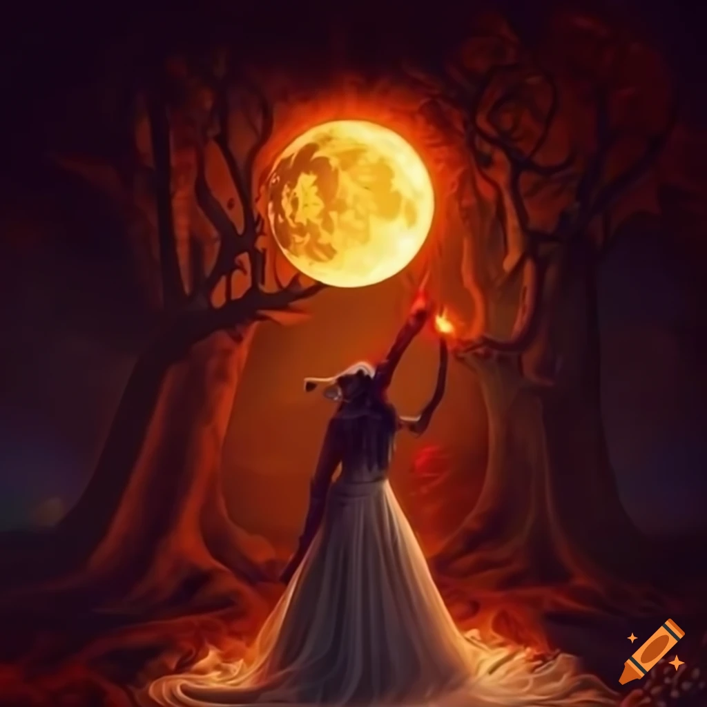 Fantasy woman with fire and moon, facing a monster in stunning 8K ...