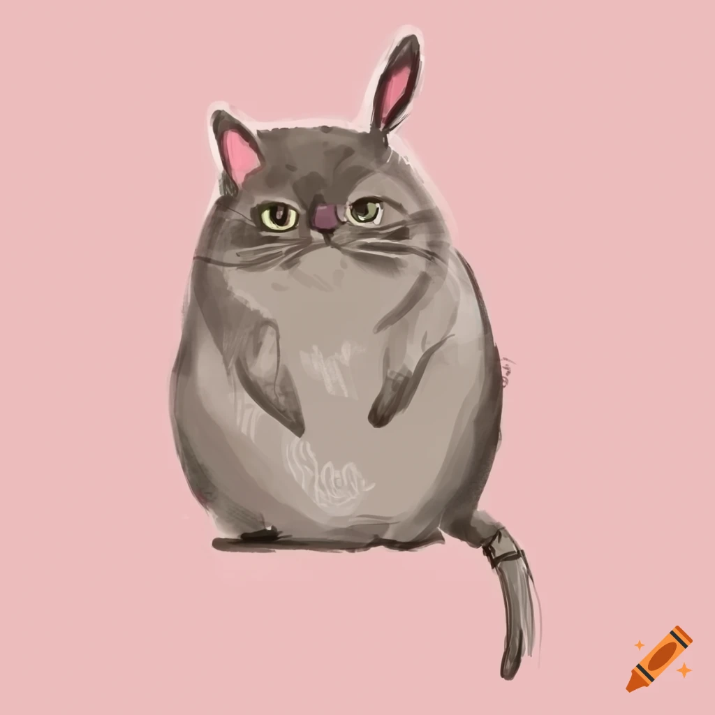 Cute fat cat with bunny ears in the style of British illustrator ...