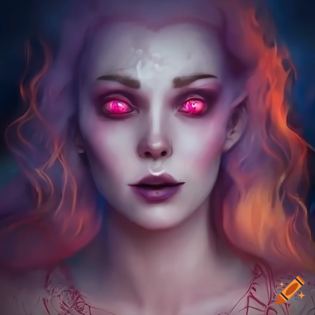 Fairytale woman with fire and moon, accompanied by a monster in ...