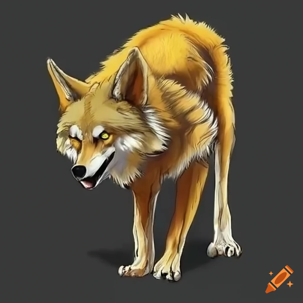 Yellow wolf with black stripe in a crawling pose on Craiyon