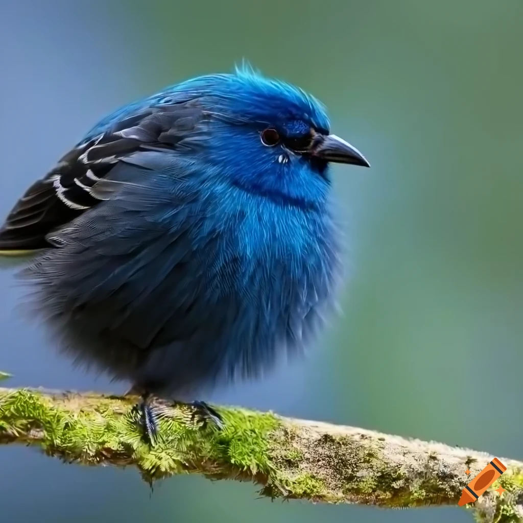 Cute fluffy bird with big eyes in black and blue gradient on Craiyon