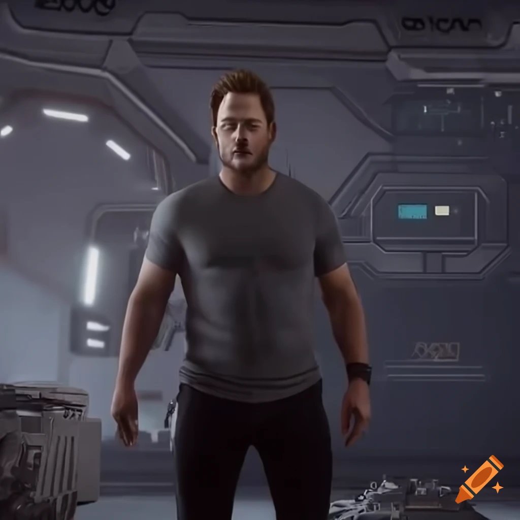 Chris pratt as angry sci-fi man with a shotgun in a futuristic setting ...