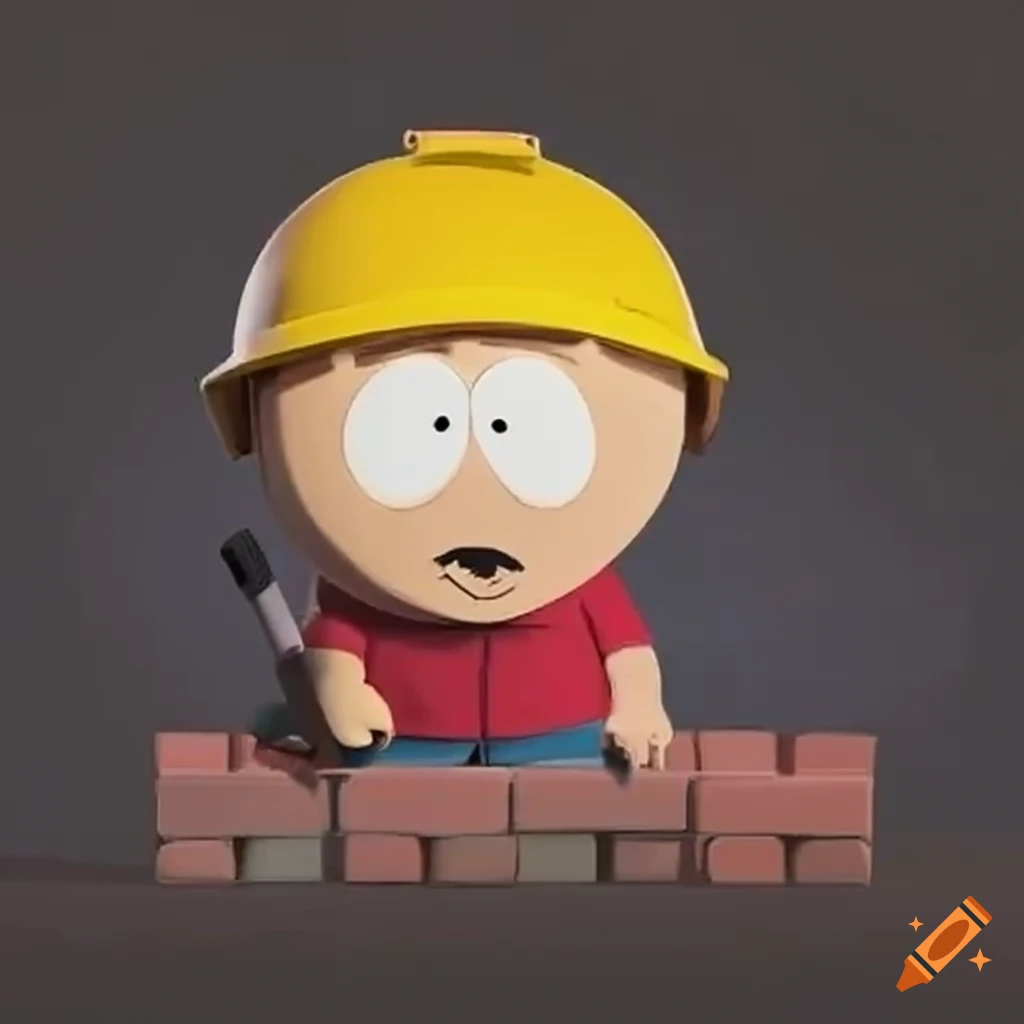 Cartoon character Eric Cartman laying bricks with hard hat on on Craiyon