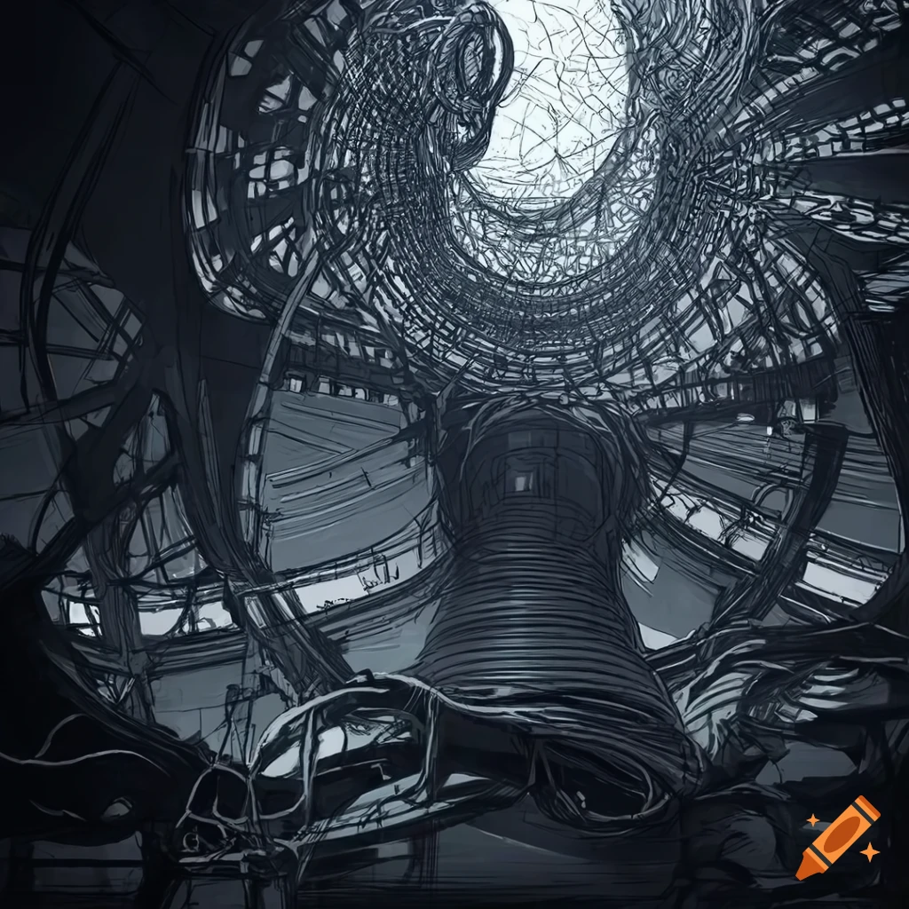 Megastructure Architecture With Octopus And Wires In Black And White On