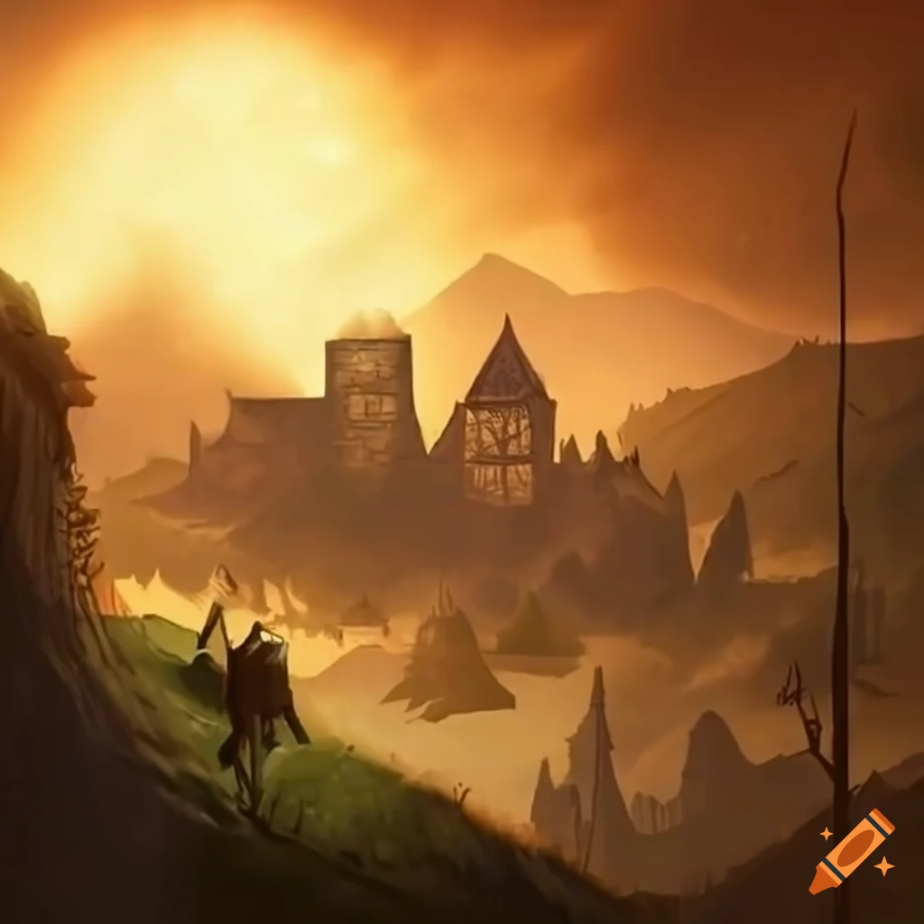 Outlines of wizard, knight, and barbarian on hill overlooking medieval ...