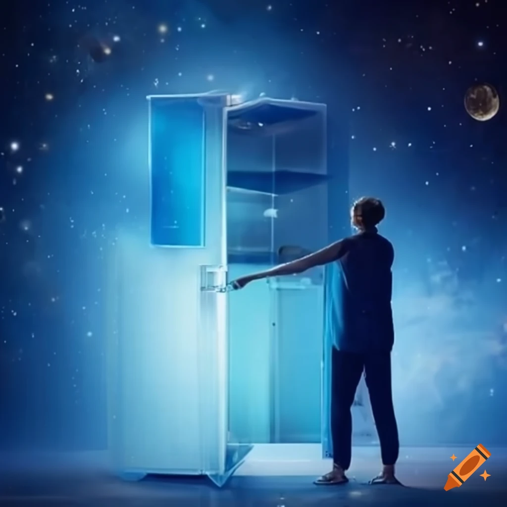Man in blue opening a refrigerator in outer space on Craiyon