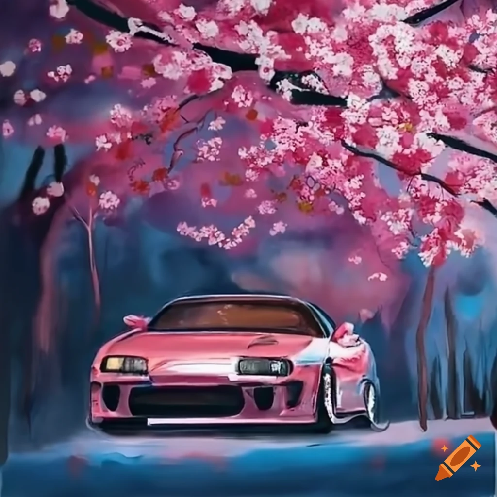 Toyota supra under a japanese cherry blossom tree in watercolor on Craiyon