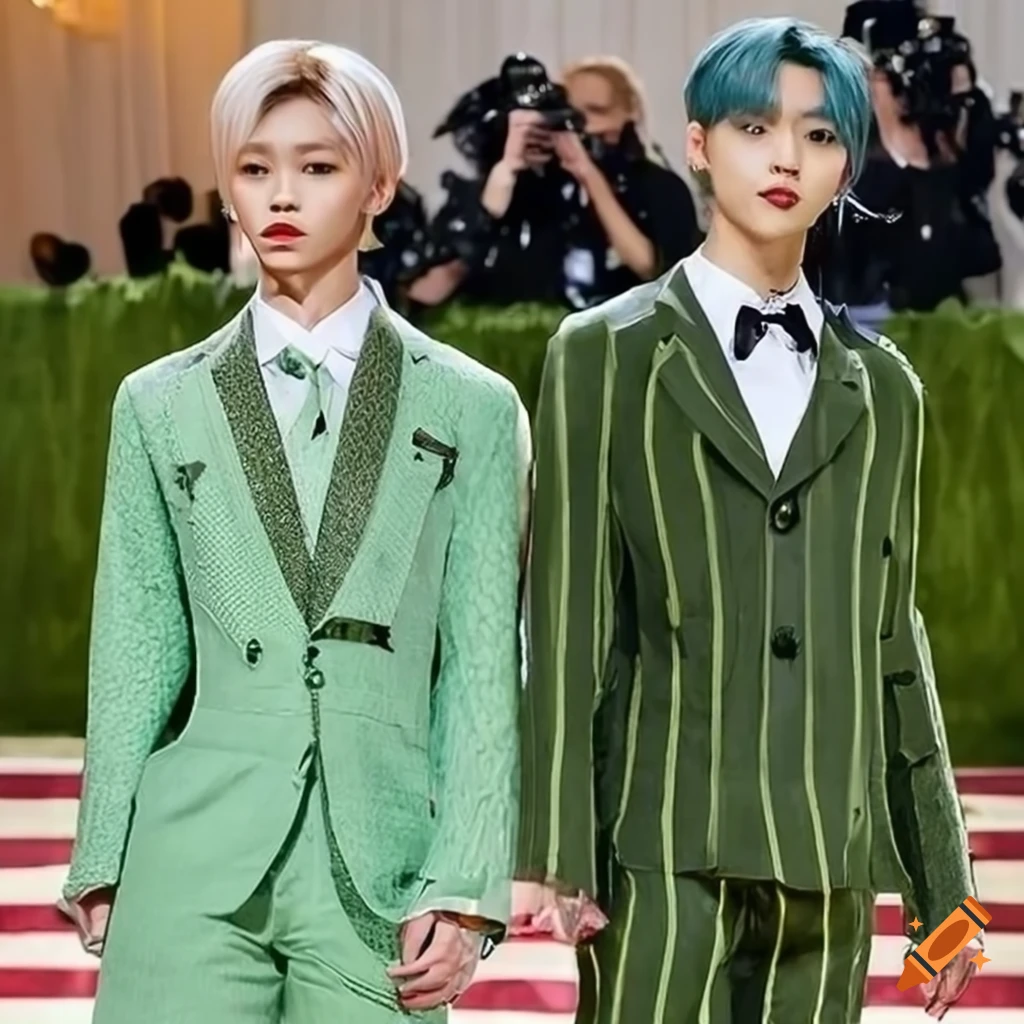 Felix from stray kids in stylish green suit at the met gala on Craiyon