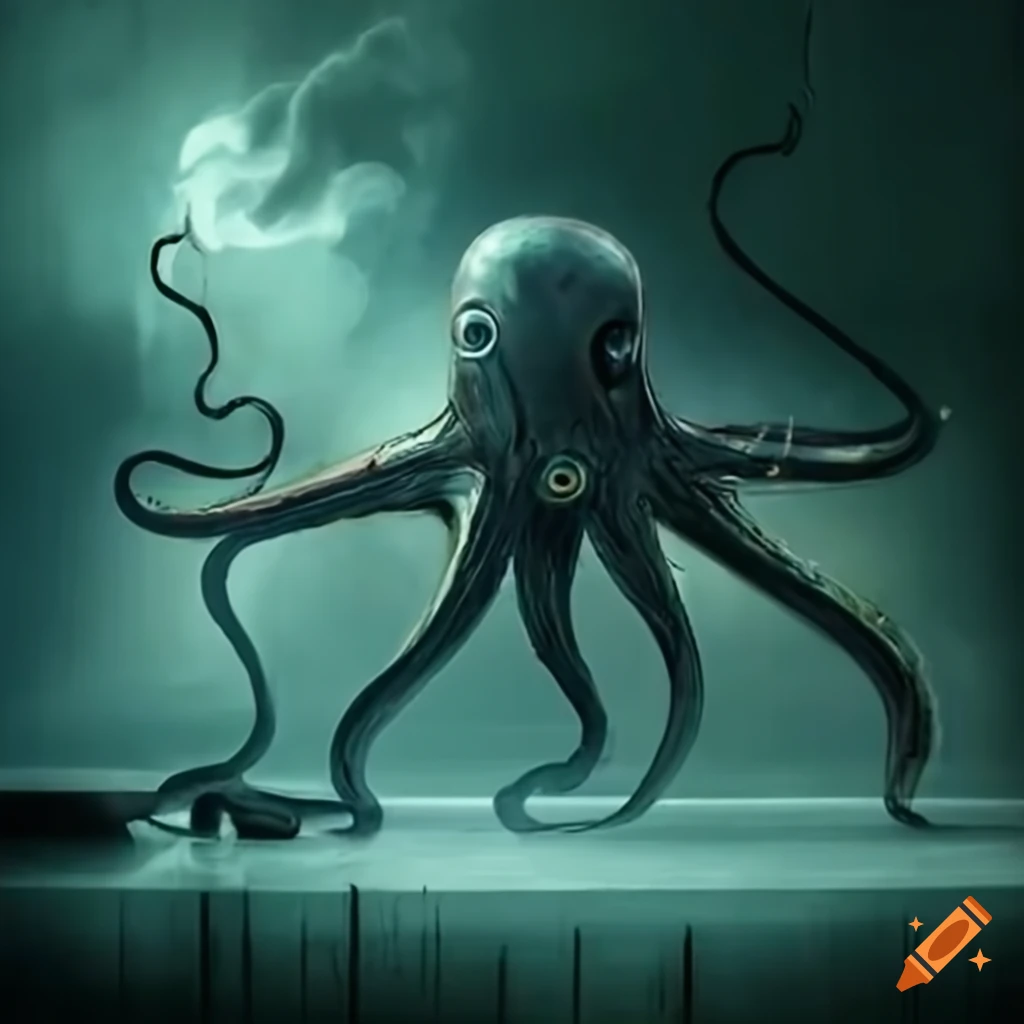 Futuristic robotic octopus reaching for stormy heavens amid ruins with ...