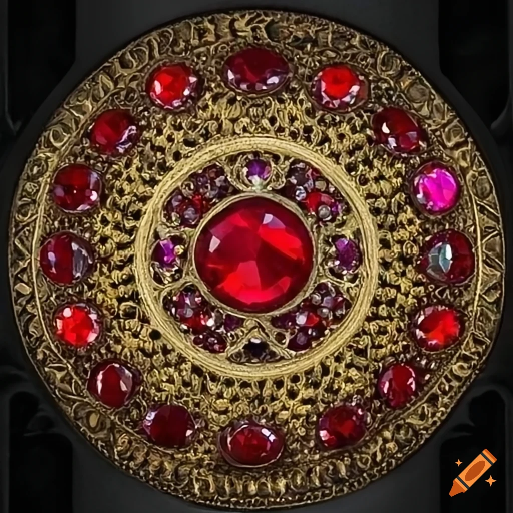 Round brass emblem with mystical owl motif and ruby gemstones on Craiyon