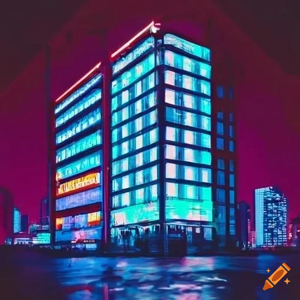 Neon building in downtown area on Craiyon