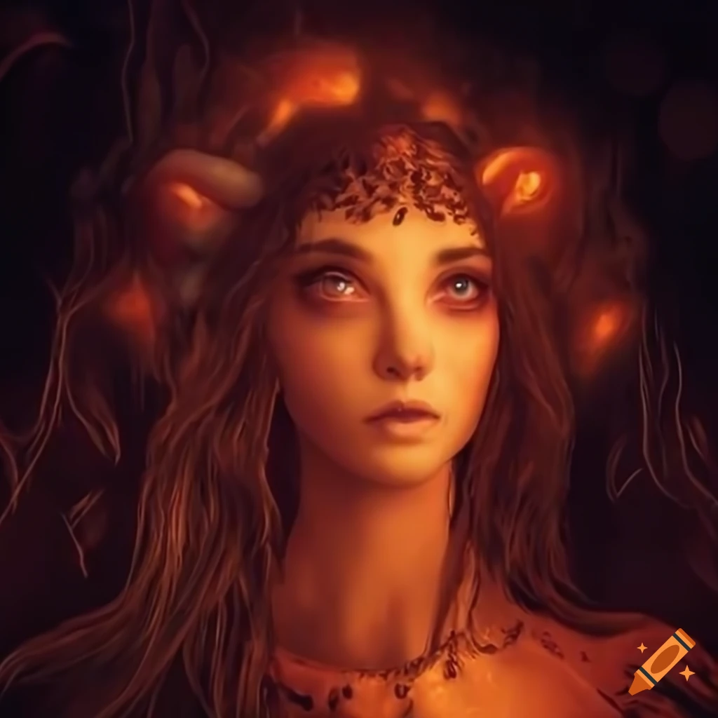 Fantasy woman with fire and moon, accompanied by a monster in stunning ...