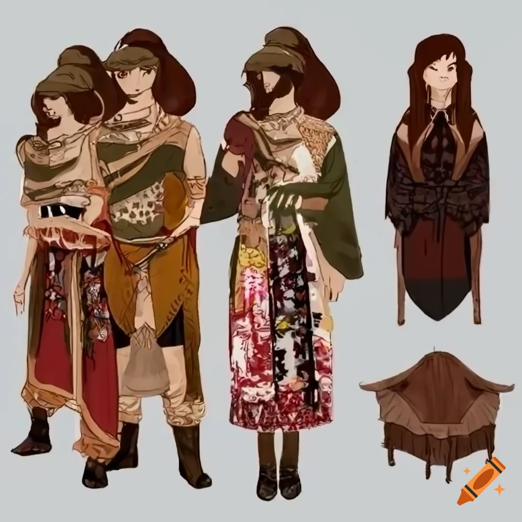 Character outfit design combining elements of various cultural fashion ...