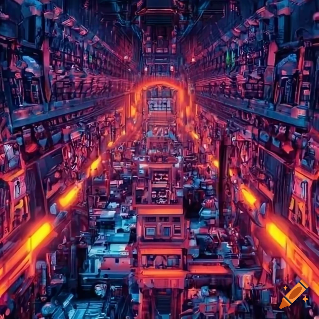 Gigantic future cyber steampunk factory with hundreds of people ...